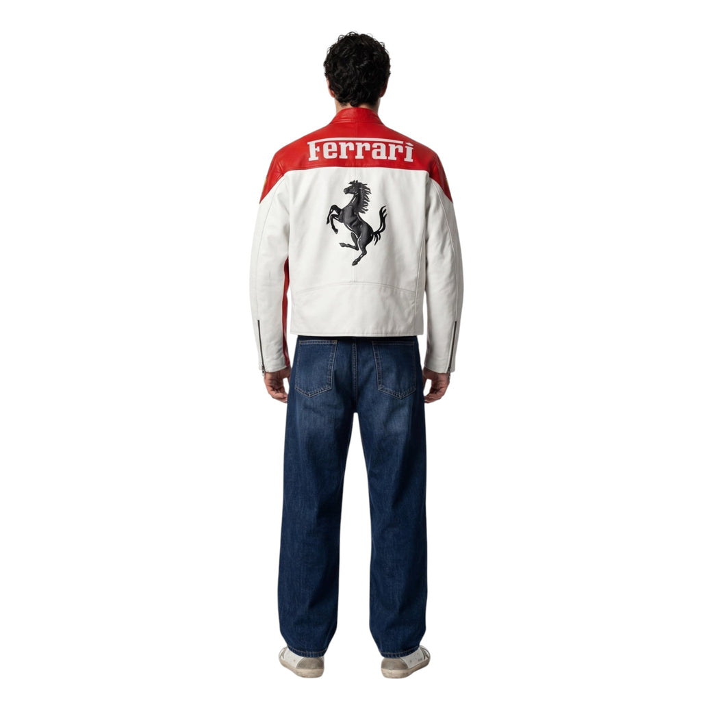 Ferrari F1 Vintage Leather Jacket - White Edition – Speedx Crafts